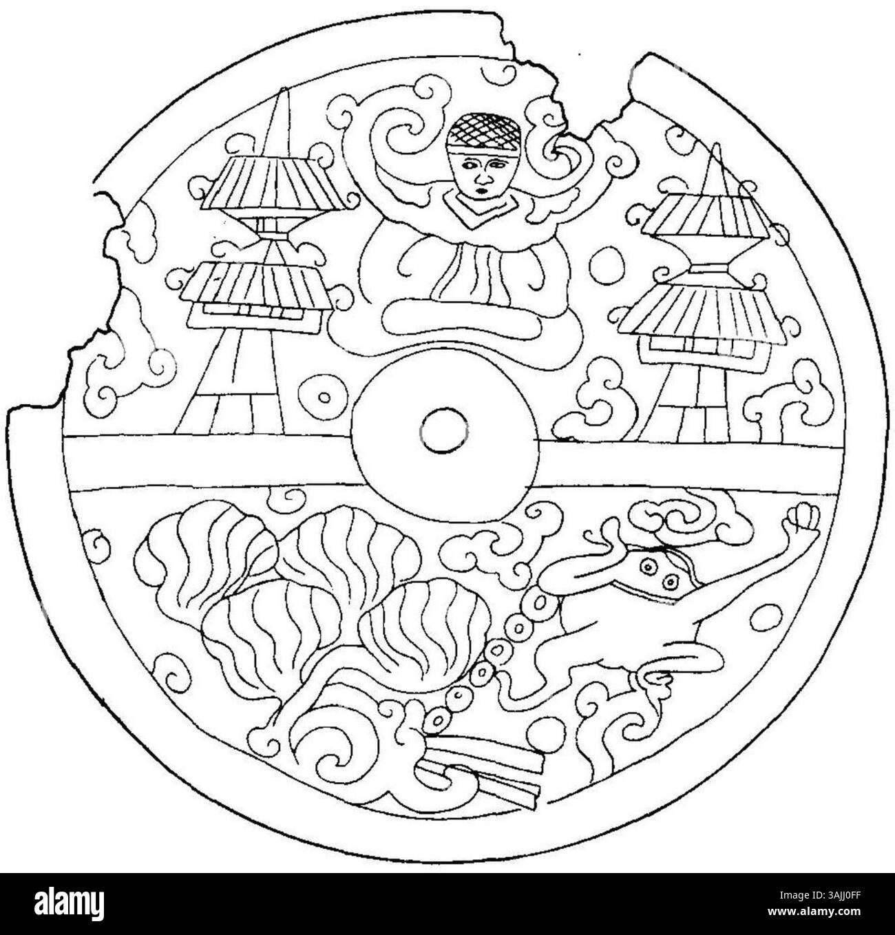 A line drawing of a gilt-bronze con plaque, dating from the 1st to 3rd ...