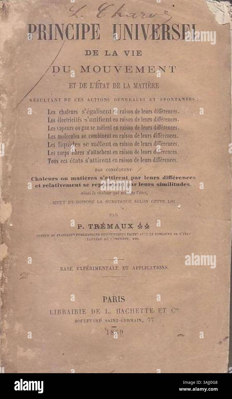 The cover of 'Principe Universel de la Vie et du Mouvement', a book ...
