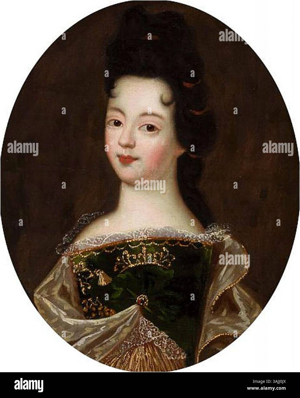 Portrait of a young woman in a green dress, painted by an unidentified ...