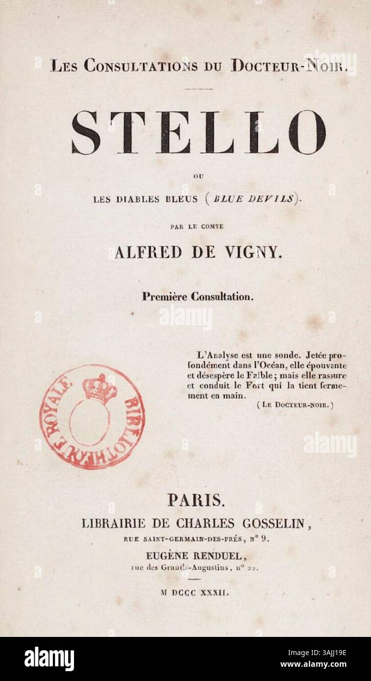 The title page of Alfred de Vigny’s 1832 novel 'Stello' is printed by Gosselin & Renduel in ...