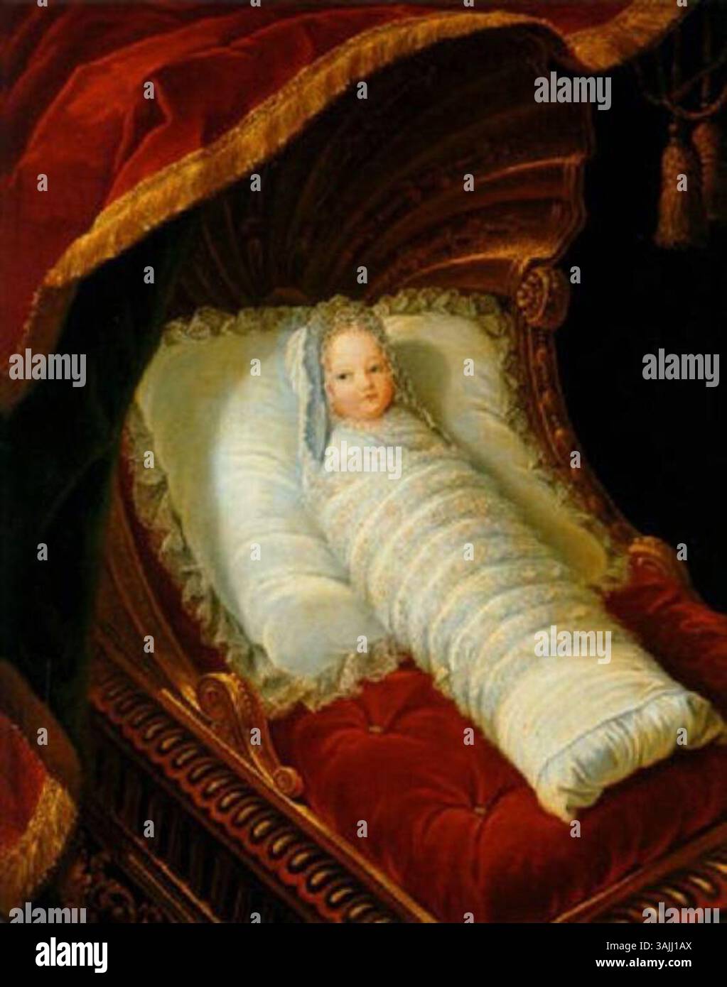 A 17th-century oil painting depicts a royal child in his cradle. The ...