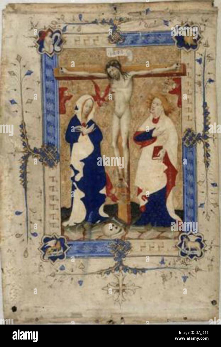 Herman Scheerre's 'Crucifixion' painting, created on vellum, exemplifies medieval religious art ...