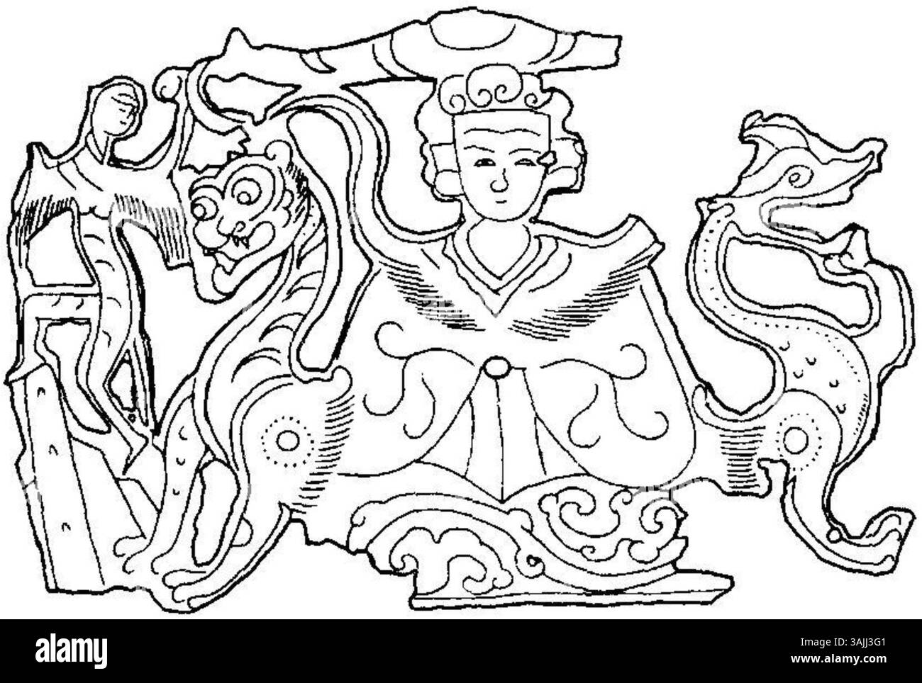 This line drawing portrays a gilt-bronze con plaque from the 1st to 3rd ...