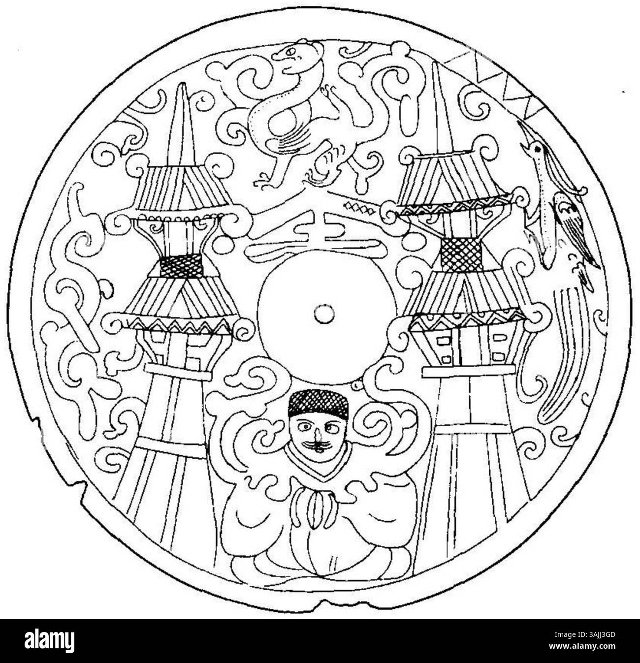 A line drawing of a gilt-bronze con plaque dating from the 1st to 3rd ...