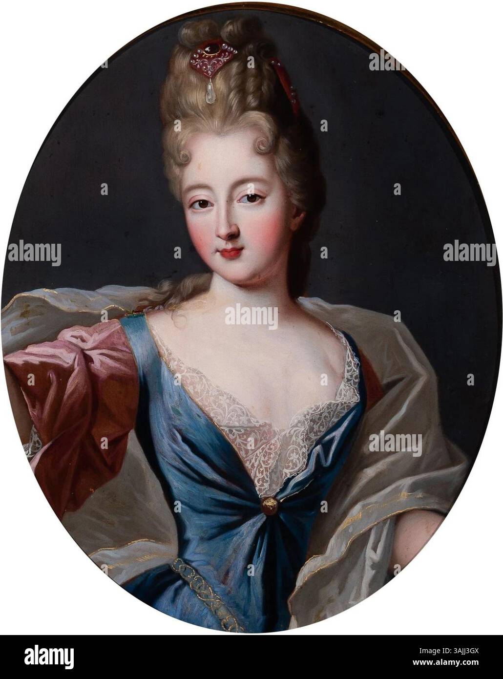 A portrait in the manner of Jean-Marc Nattier depicting a lady dressed in a blue gown with ...