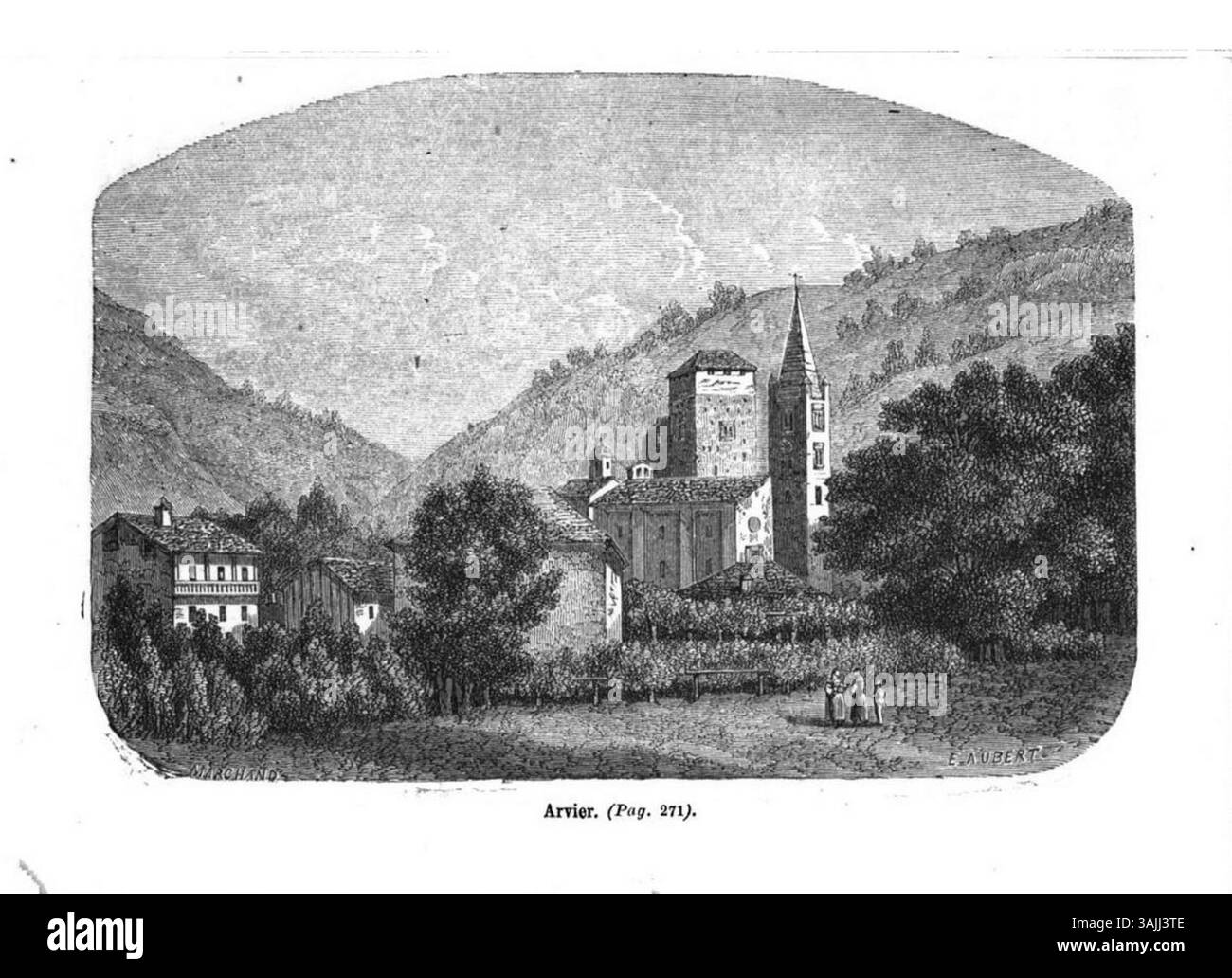 Engraving by Édouard Aubert depicting the town of Arvier in Italy ...