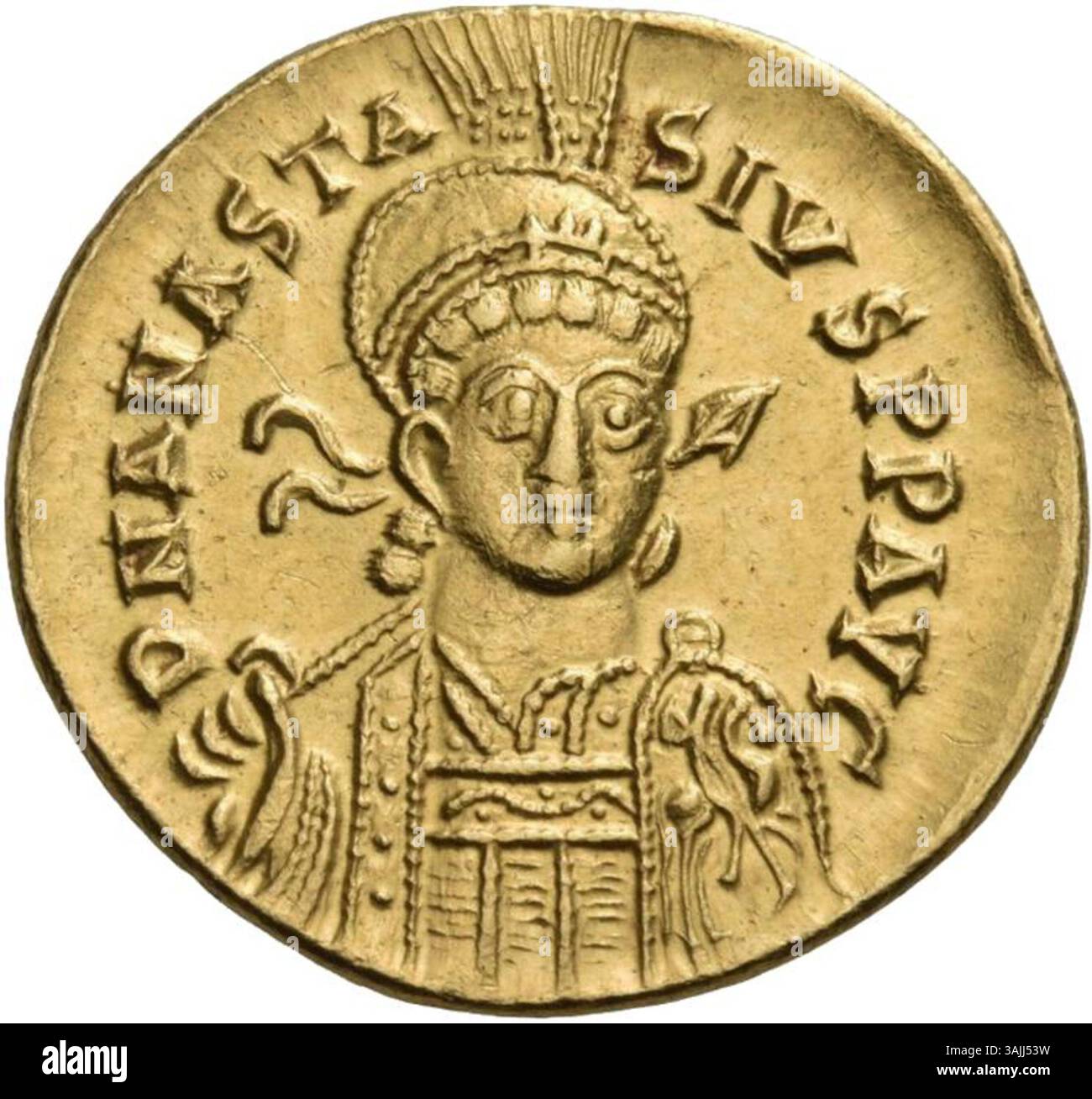 Obverse of a Solidus coin featuring Anastasius I, with an image of the ...