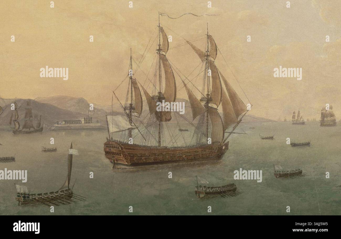 This artwork depicts the naval battle at Fort Royal, Martinique, on ...