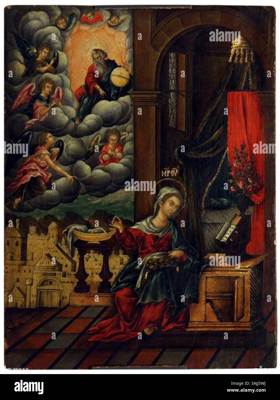 'Annunciation' by Theodore Poulakis (1672) is a tempera painting on ...