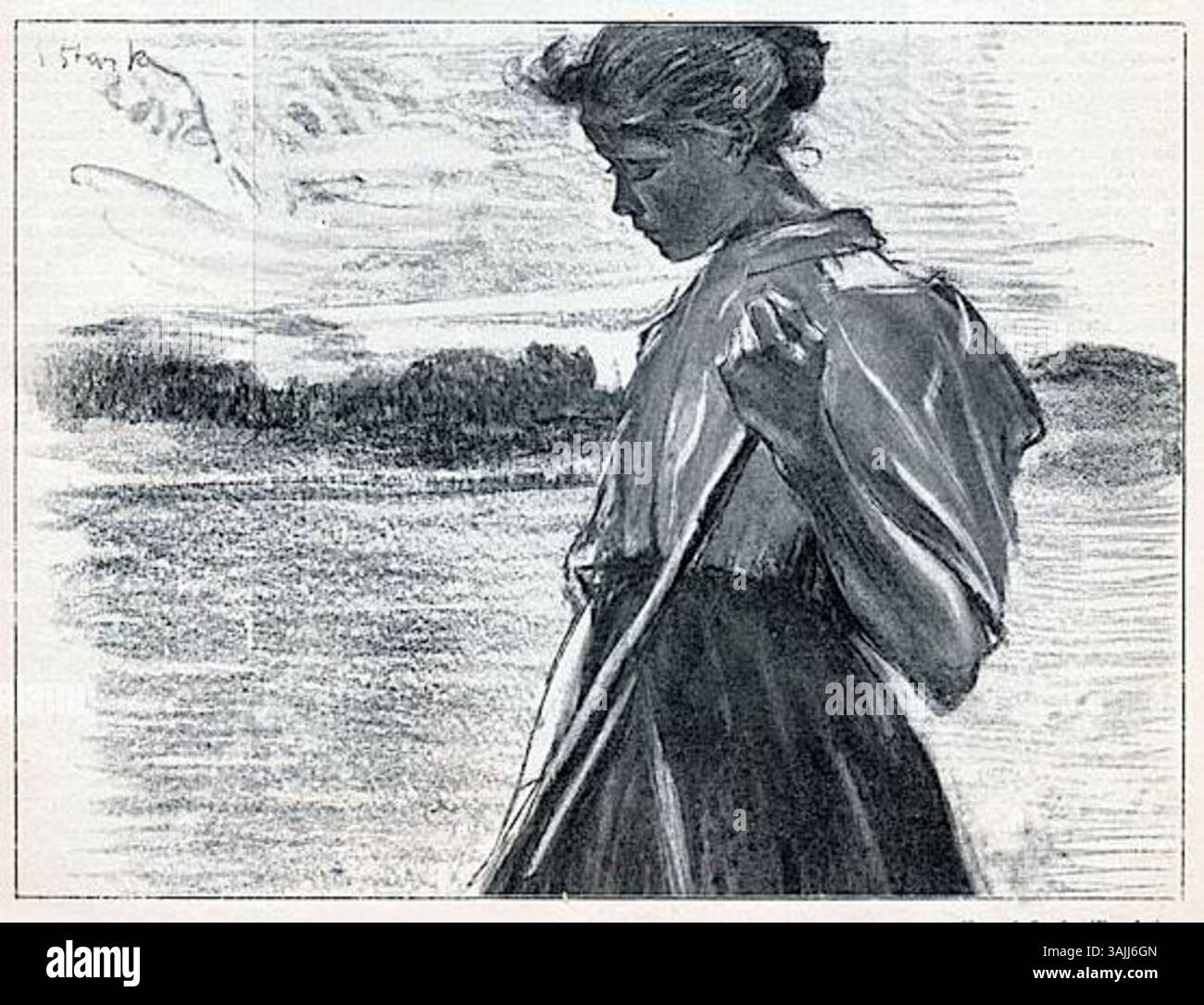 Chalk drawing titled 'Young Woman' by Konrad Starke, created in 1897 ...