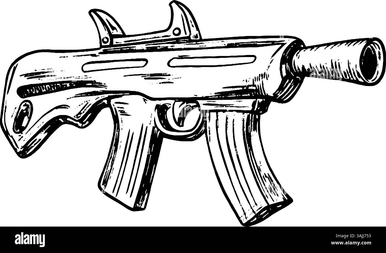 A detailed illustration of a stylized submachine gun, featuring a sleek ...