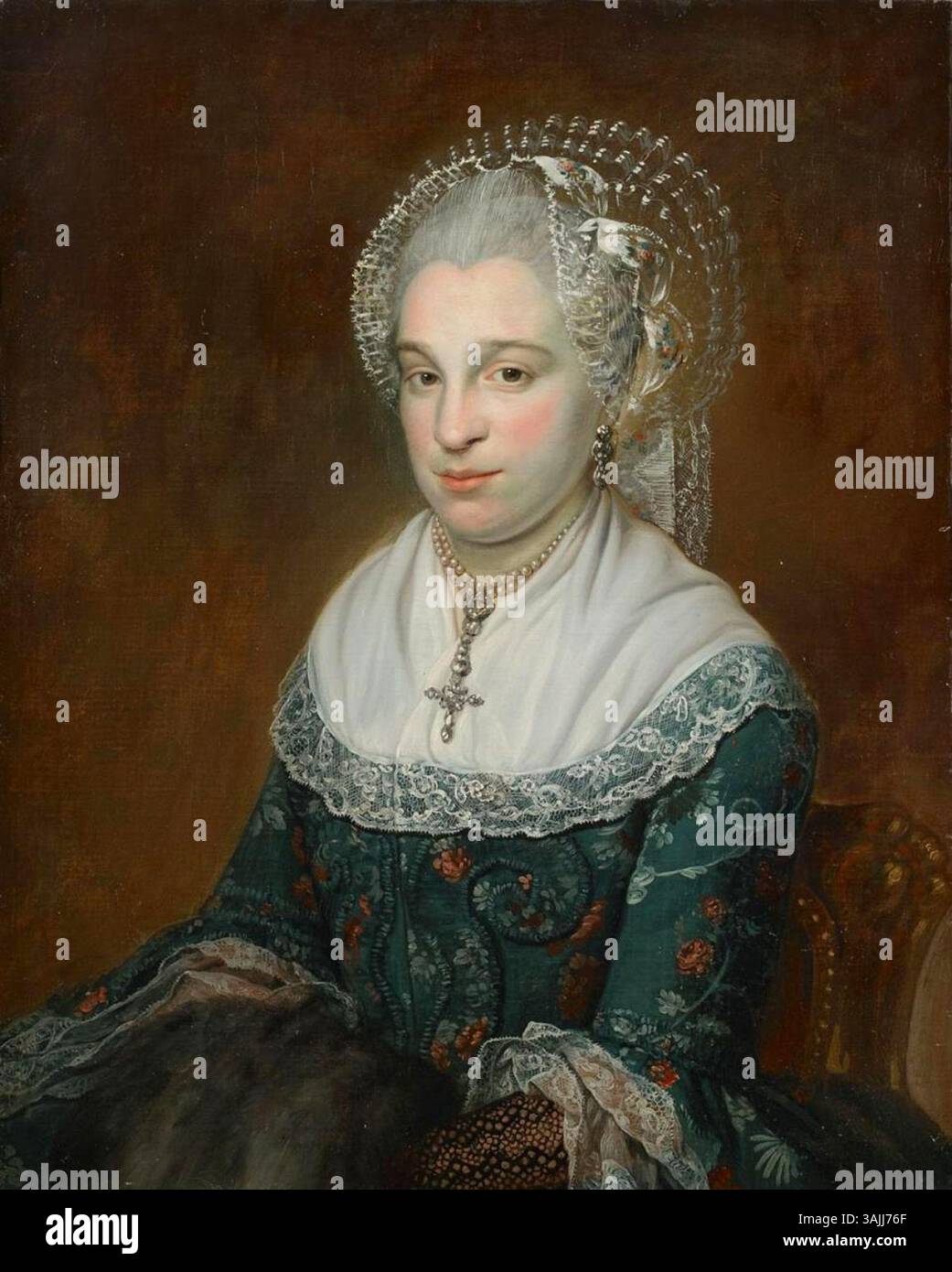 An 18th-century Dutch portrait of a lady wearing a white lace hood. The ...