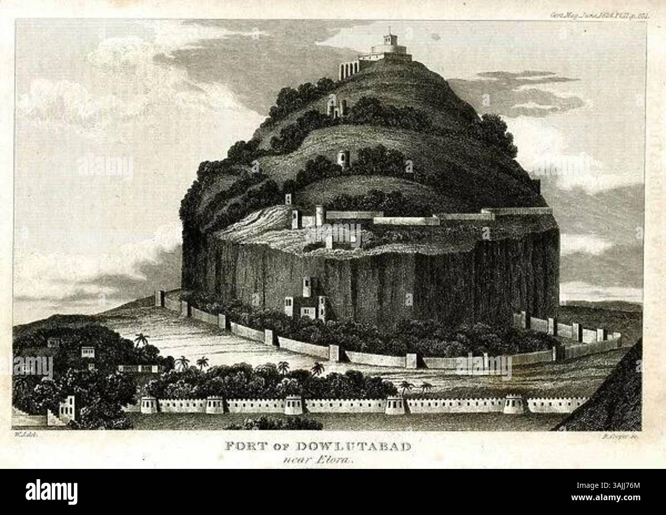 Lithograph depicting Dowlutabad Fort near Elora, Maharashtra, India ...