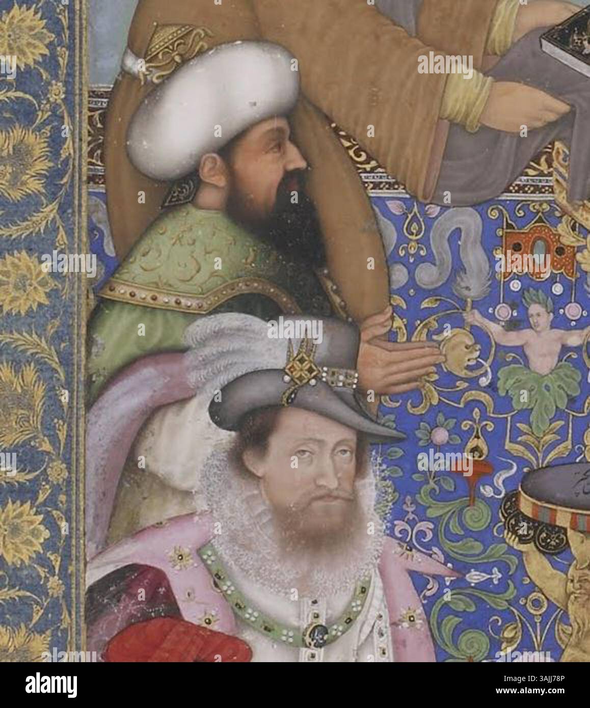 This close-up depicts key figures in the Mughal miniature painting ...