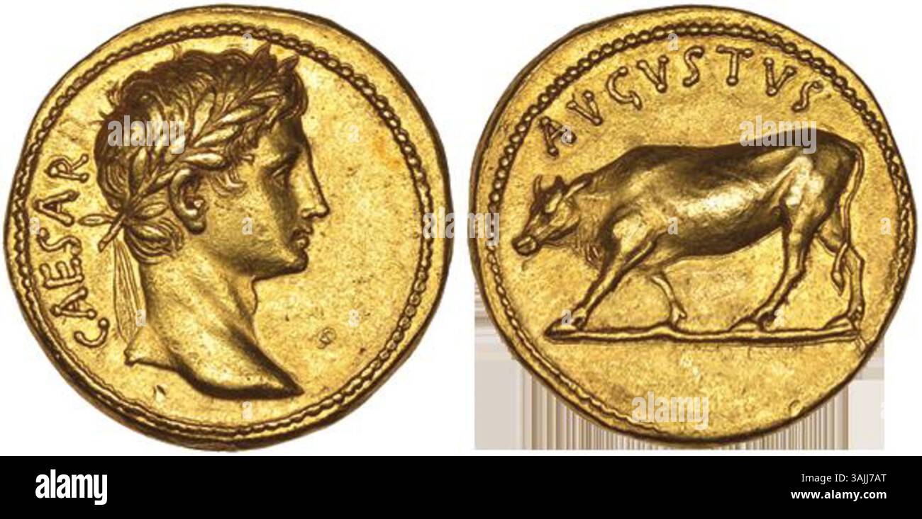 This rare gold aureus features Emperor Augustus and dates from between ...