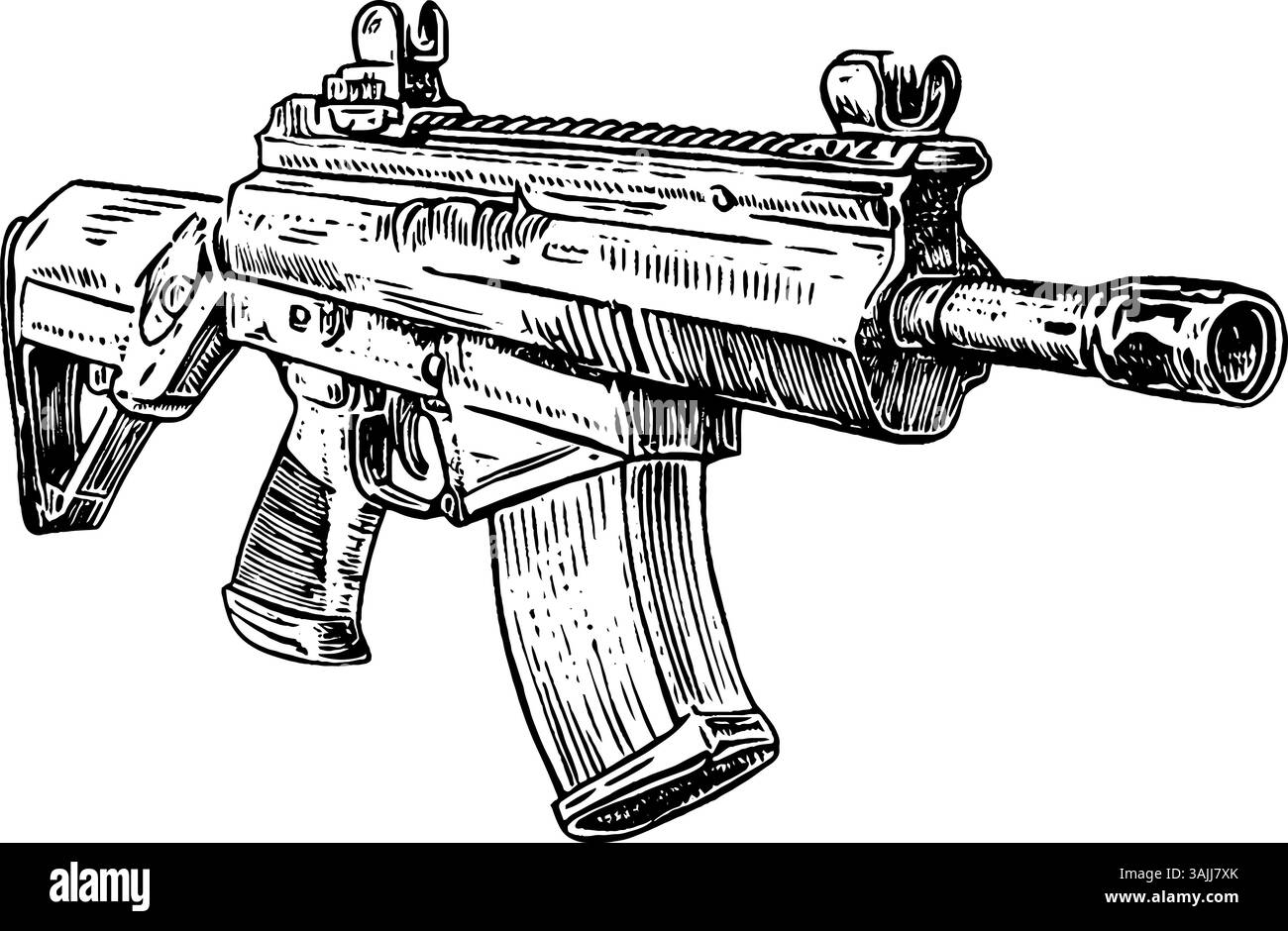 A detailed illustration of a modern assault rifle, showcasing its ...