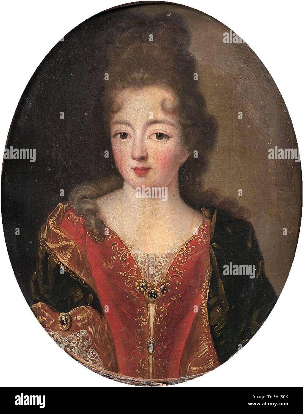A 17th-century French portrait depicting a woman in a red dress ...