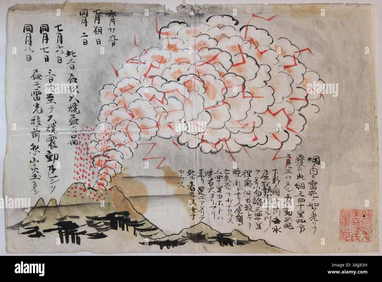 This drawing depicts the 1783 Tenmei eruption of Mount Asama, one of ...
