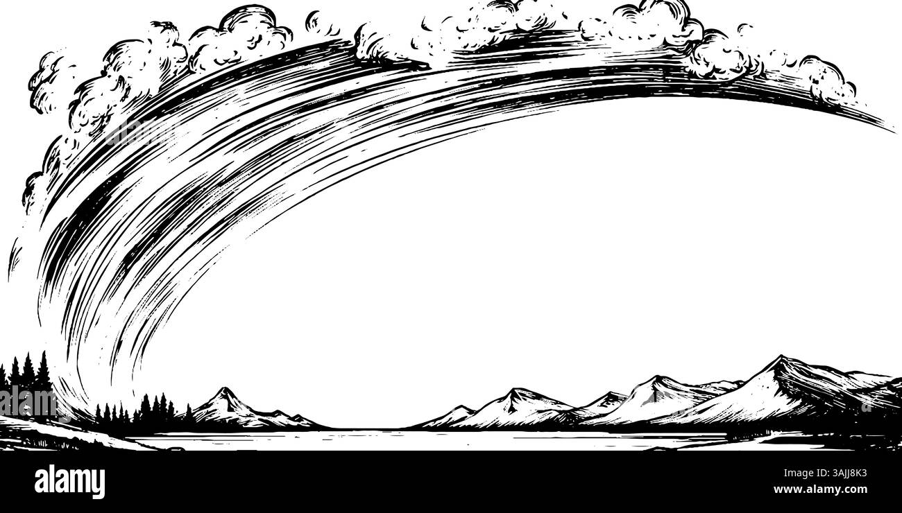 A stylized black and white illustration of a large wave curling over a landscape with mountains ...