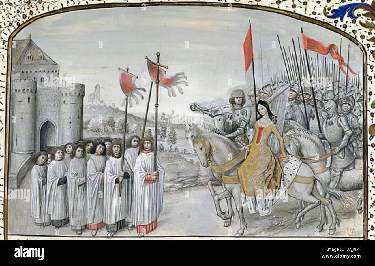 This manuscript illustration depicts Queen Isabella of France and her ...