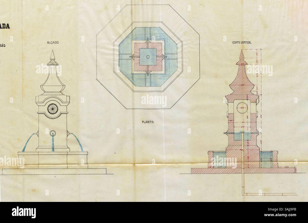 Plans and elevation of the public fountain in Cacilhas, Almada ...