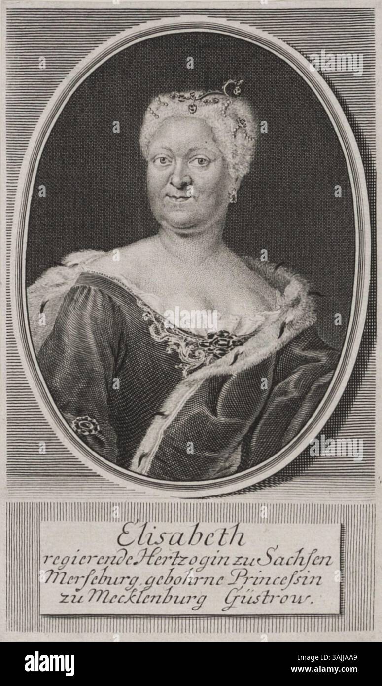 This 18th-century copper engraving depicts Elisabeth of Mecklenburg ...