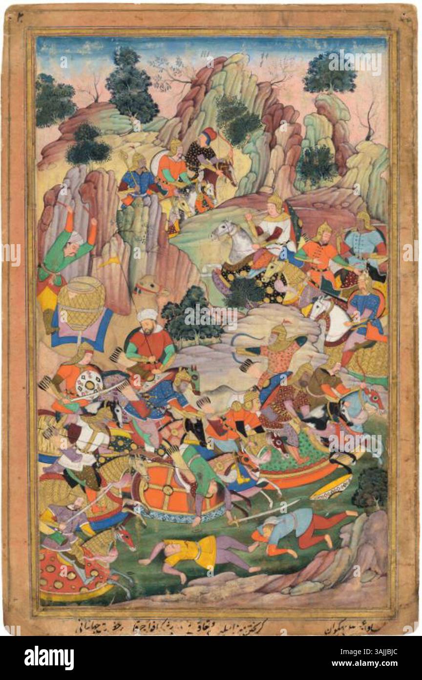 The artwork depicts the defeat and escape of Mirza Sulayman in 1546, a ...