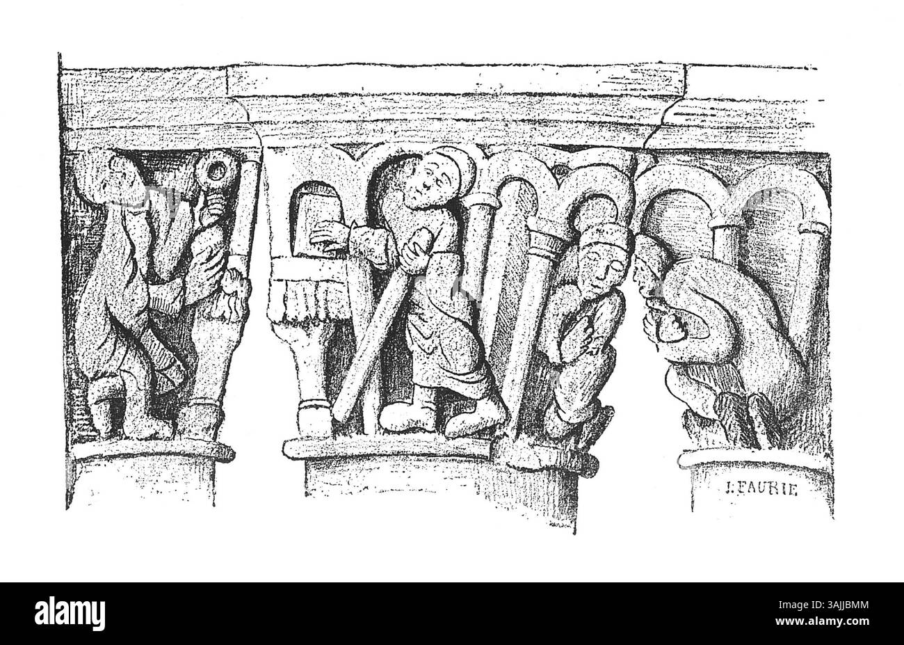 A sketch by Abbé J. Faurie depicting the 11th-century capitals of the ...