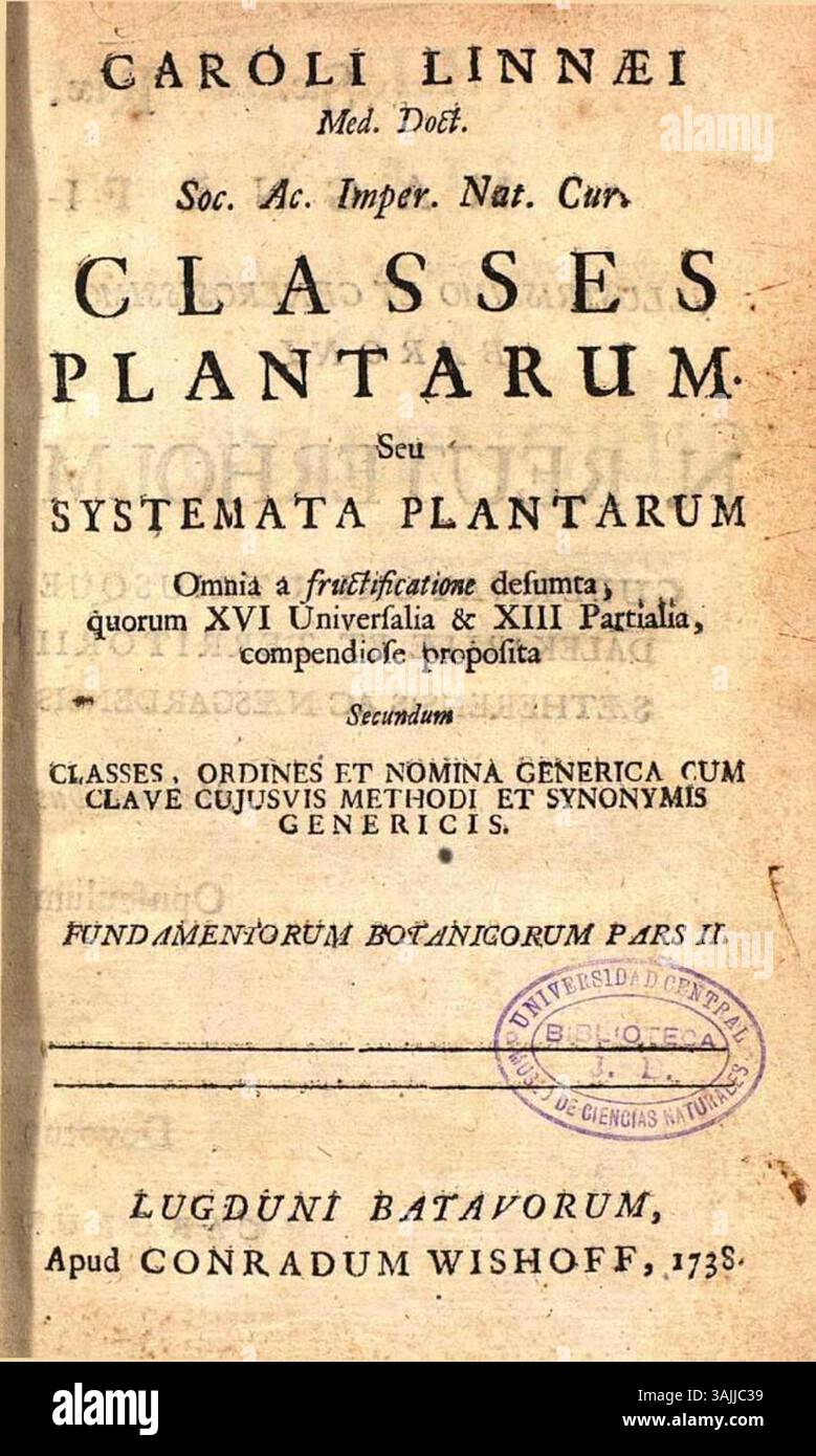 The title page of Carl Linnaeus' 1738 work *Classes Plantarum* presents ...