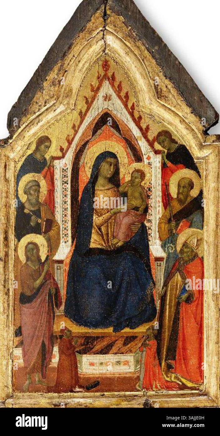 The artwork by Taddeo Gaddi (1300–1366) depicts the Madonna and Child enthroned, surrounded by ...