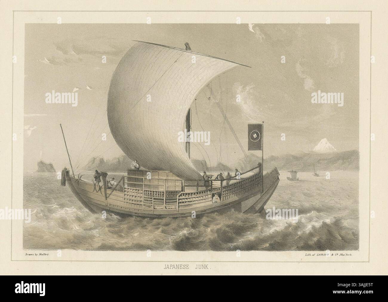Lithograph of a Japanese junk ship, dated to the mid-19th century ...