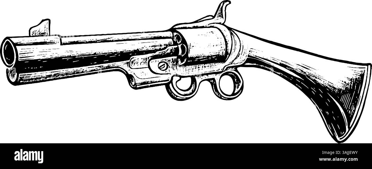 An illustration of a vintage revolver with a detailed design ...