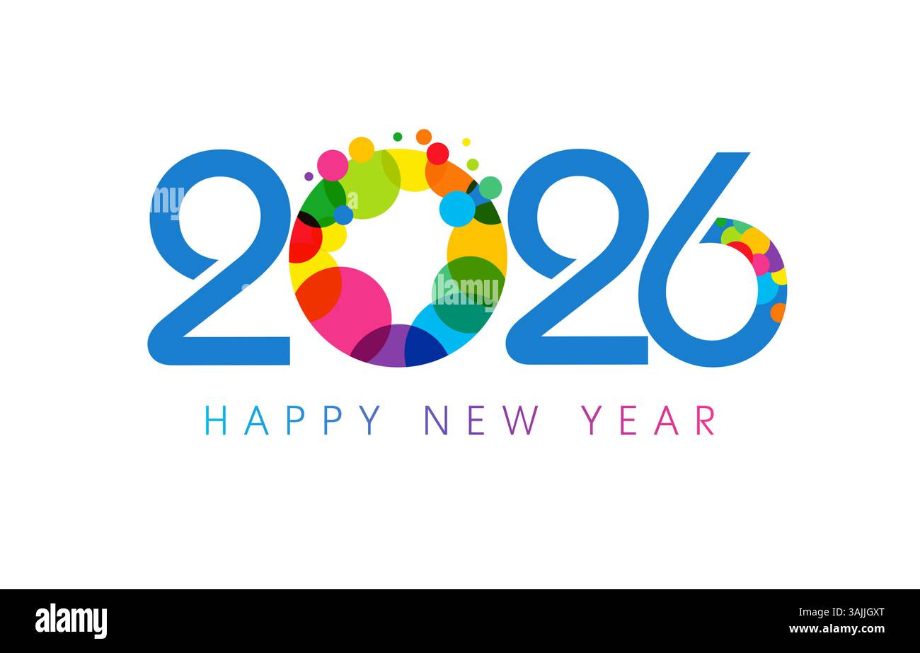 Happy New Year 2026 greeting card concept, colorful design. Cute number ...