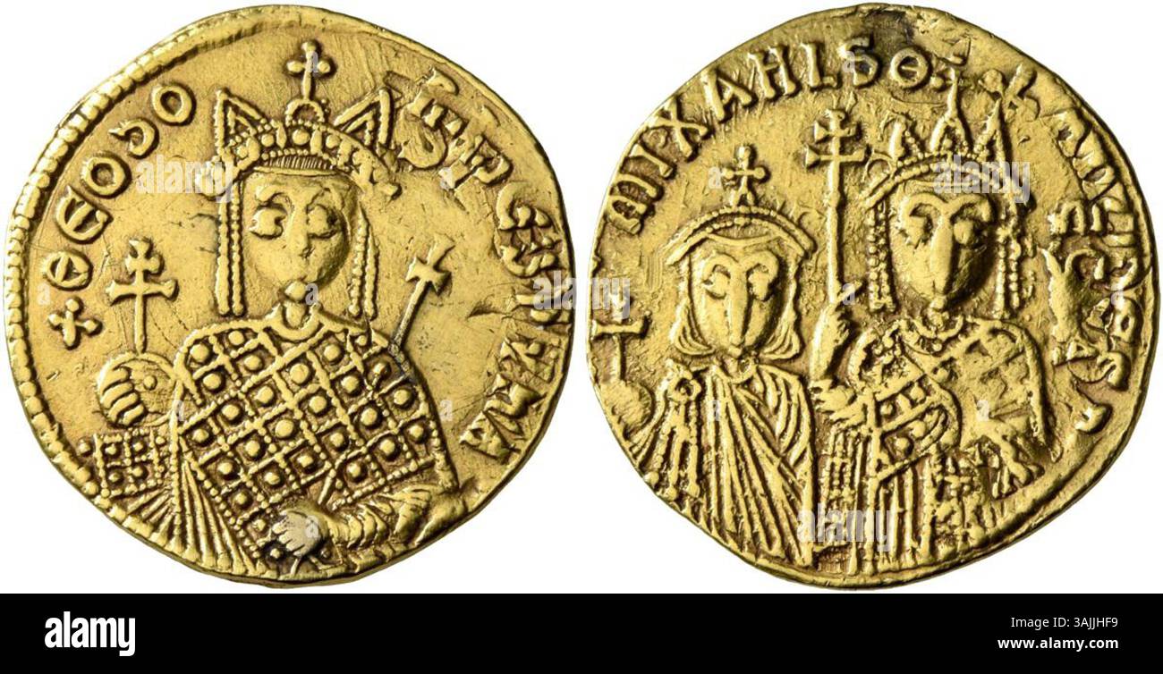 The solidus coin of Michael III (842-867), featuring the emperor alongside Theodora and Thecla ...