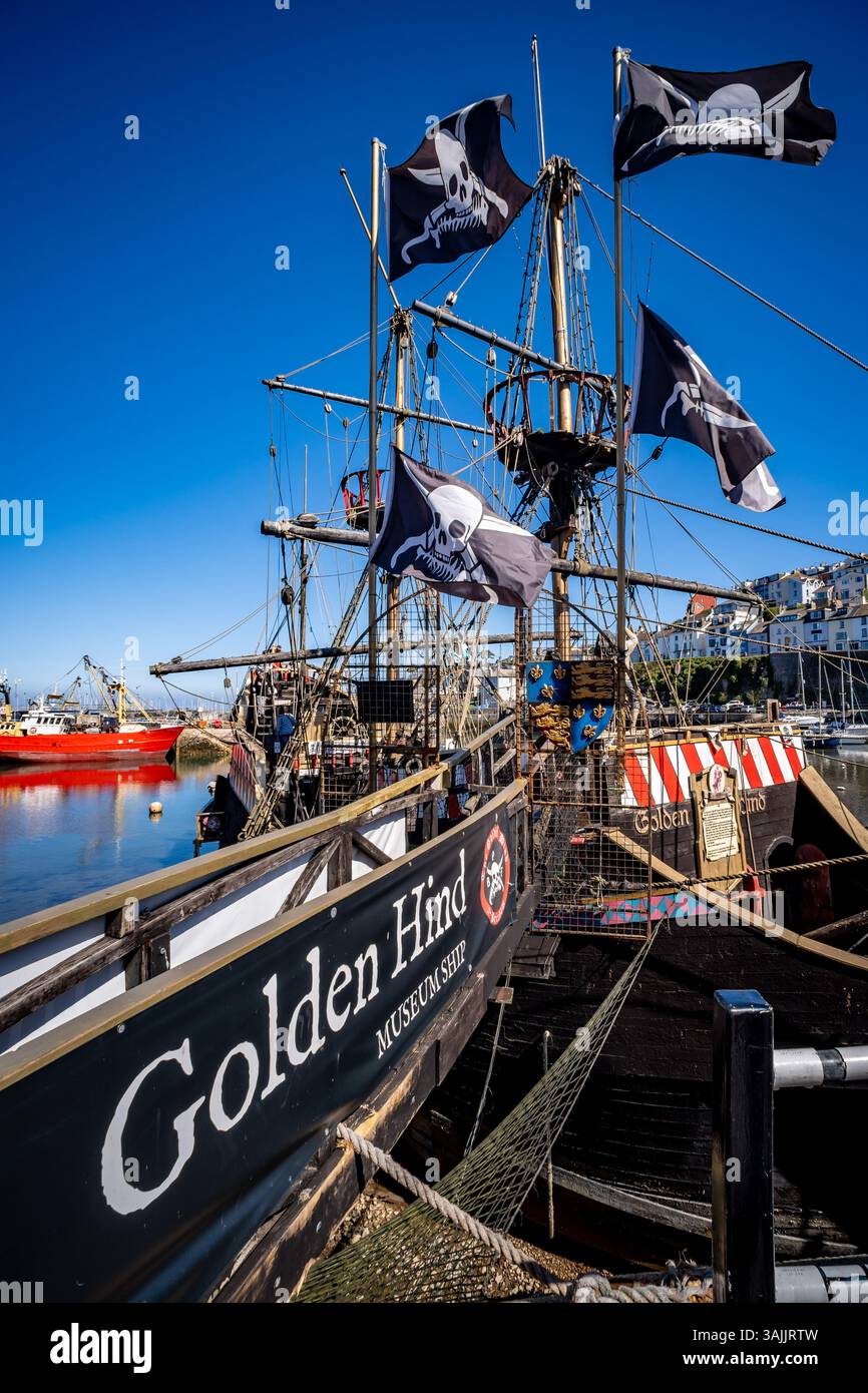 Brixham, UK. 11th Apr, 2025. The Golden Hind Museum Ship is open for ...
