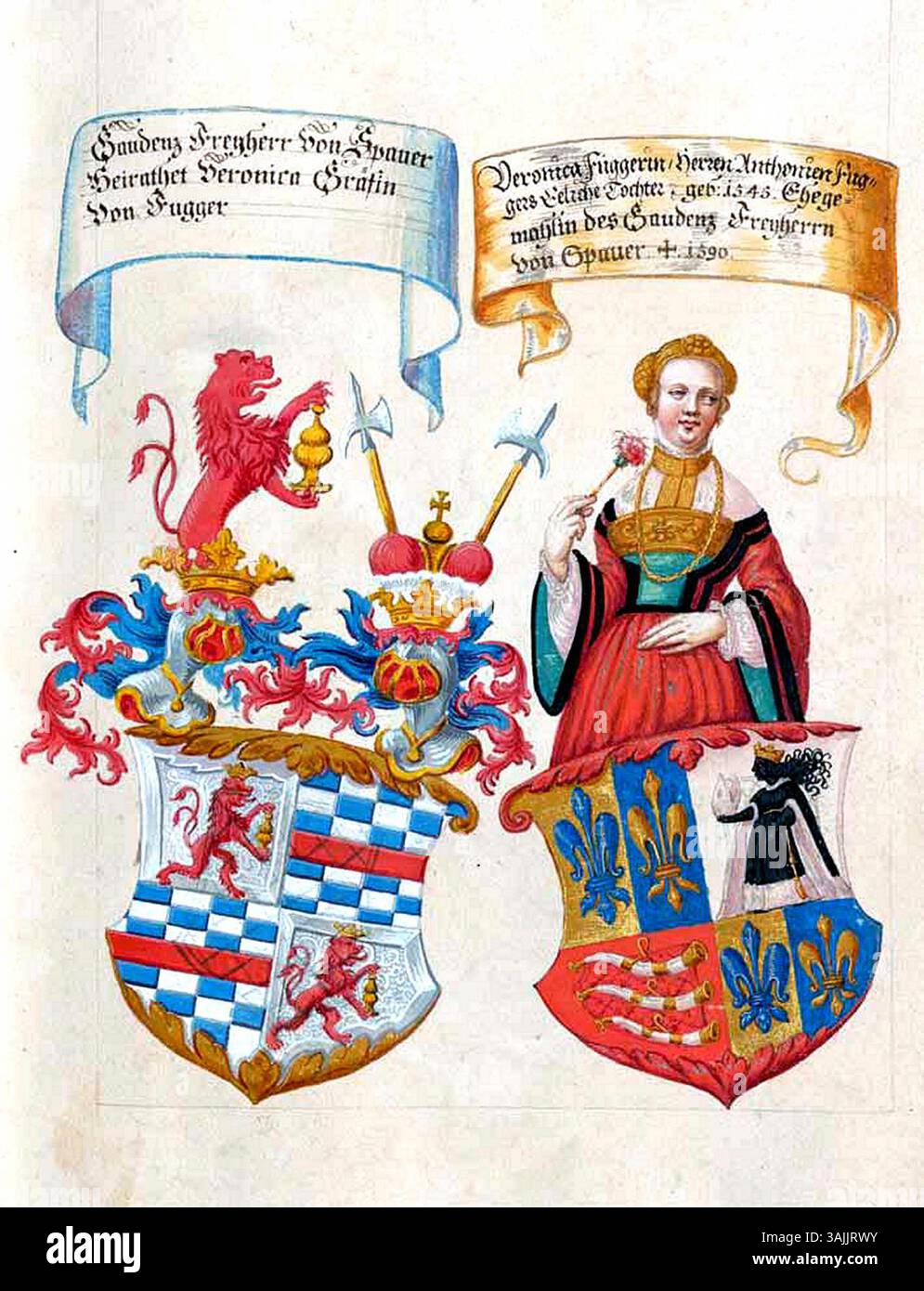'Die Wappen von Johann Gaudenzio Spaur und Veronica Fugger' is a 16th-century artwork depicting ...