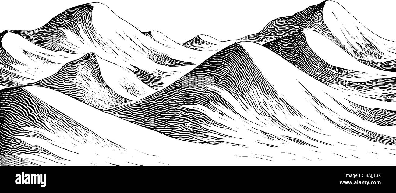 An artistic black and white illustration of rolling hills or waves ...