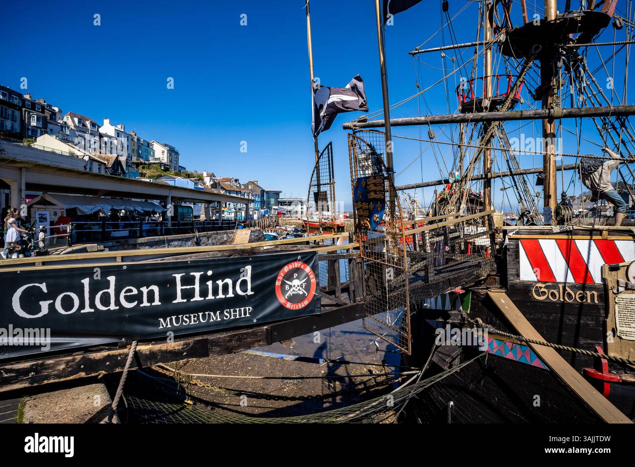 Brixham, UK. 11th Apr, 2025. The Golden Hind Museum Ship is open for ...