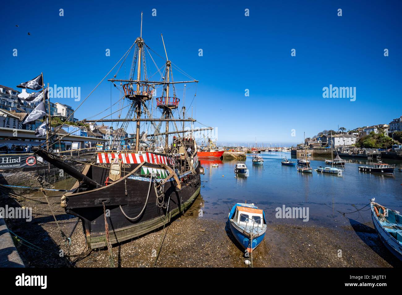 Brixham, UK. 11th Apr, 2025. The Golden Hind Museum Ship is open for ...