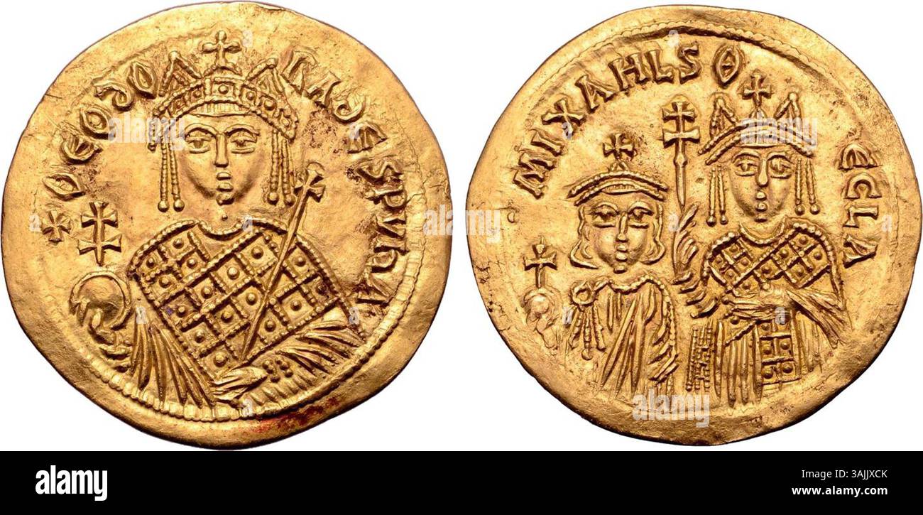 This solidus coin from AD 842-850 features Theodora II, Michael III, and Thecla. The reverse ...