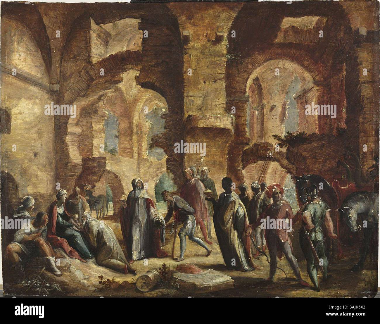 Karel van Mander's 'Adoration of the Magi,' painted circa 1595, portrays the biblical scene of ...