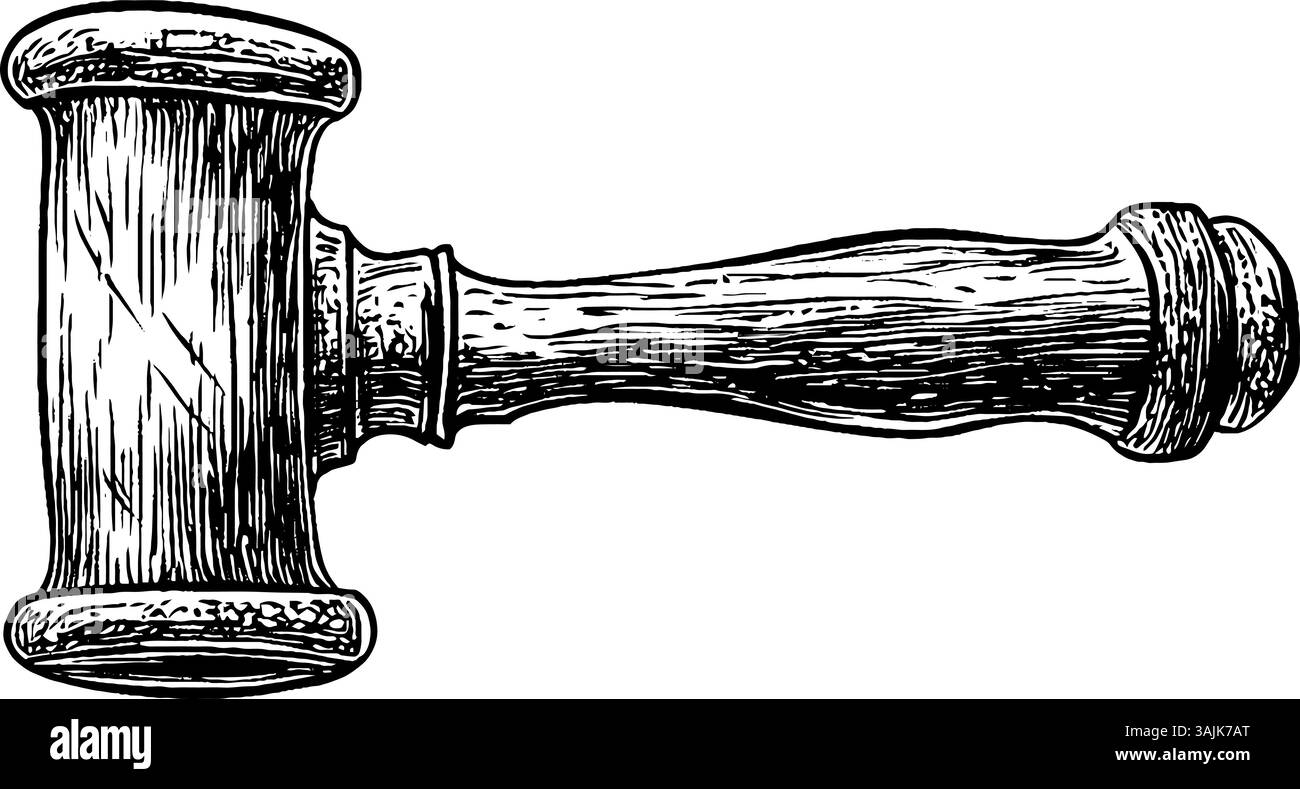 A vintage wooden gavel with a detailed handle, illustrated in a classic ...