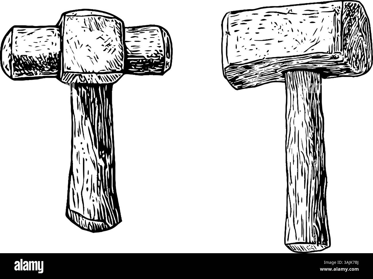 Two hand-drawn wooden mallets, one viewed from the front and the other ...