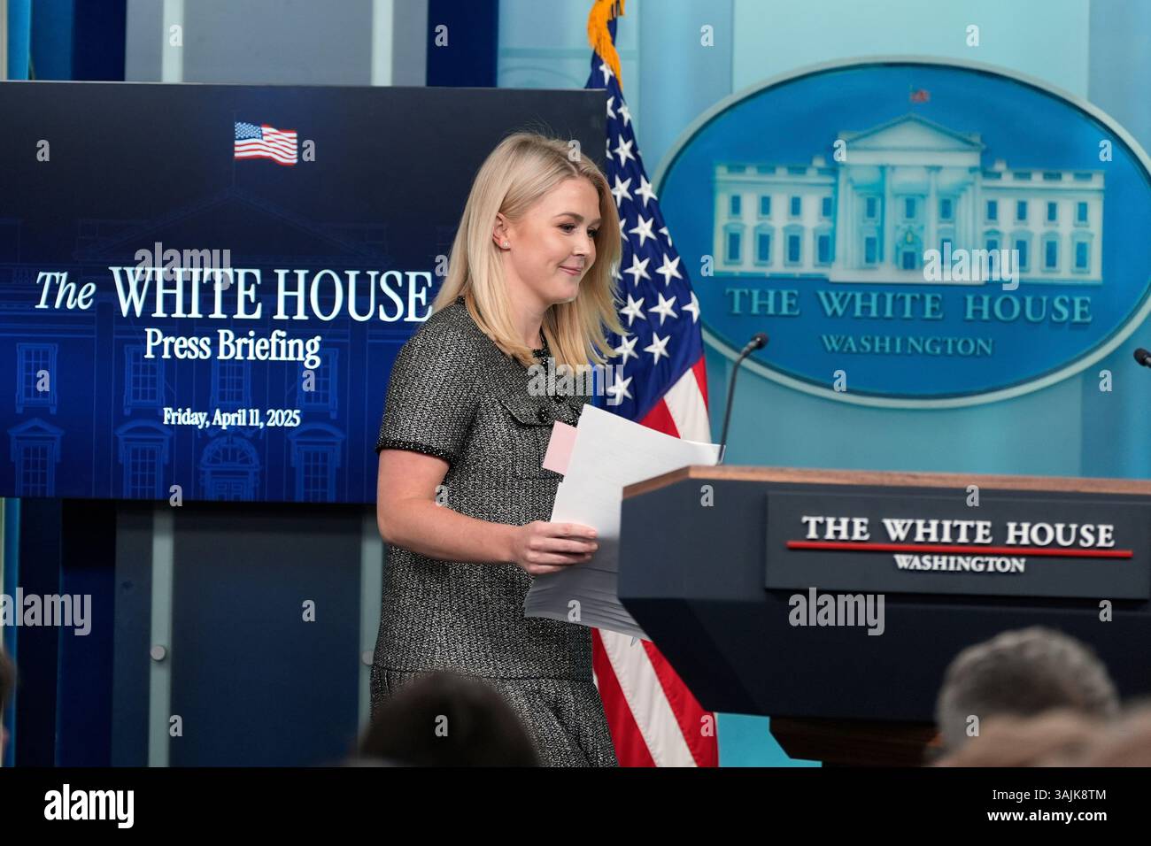 White House press secretary Karoline Leavitt arrives to speak with reporters in the James Brady ...