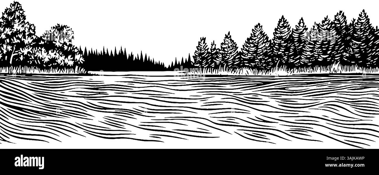 A black and white illustration of a river surrounded by trees. The ...