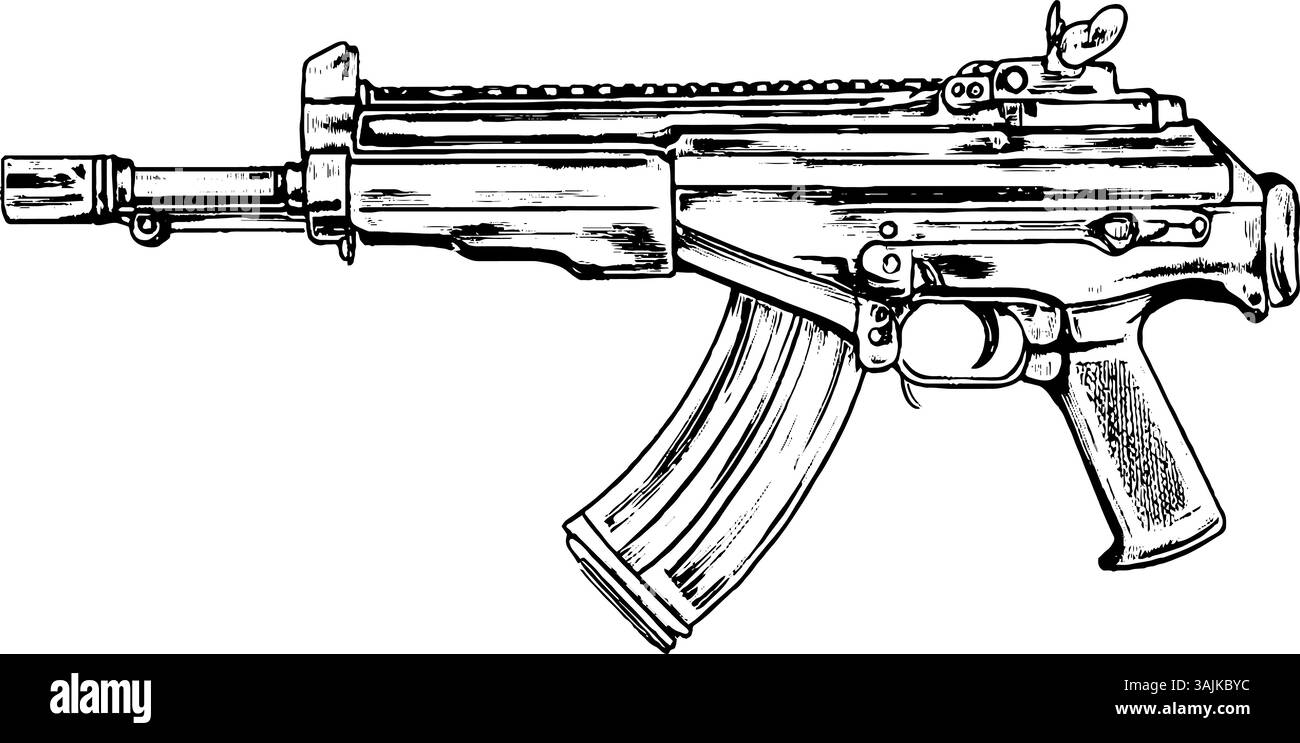 An illustration of a detailed assault rifle with a curved magazine ...