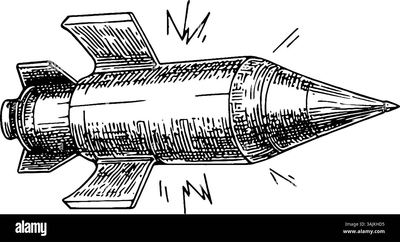 An illustrated rocket with a pointed nose and fins, depicted in a ...