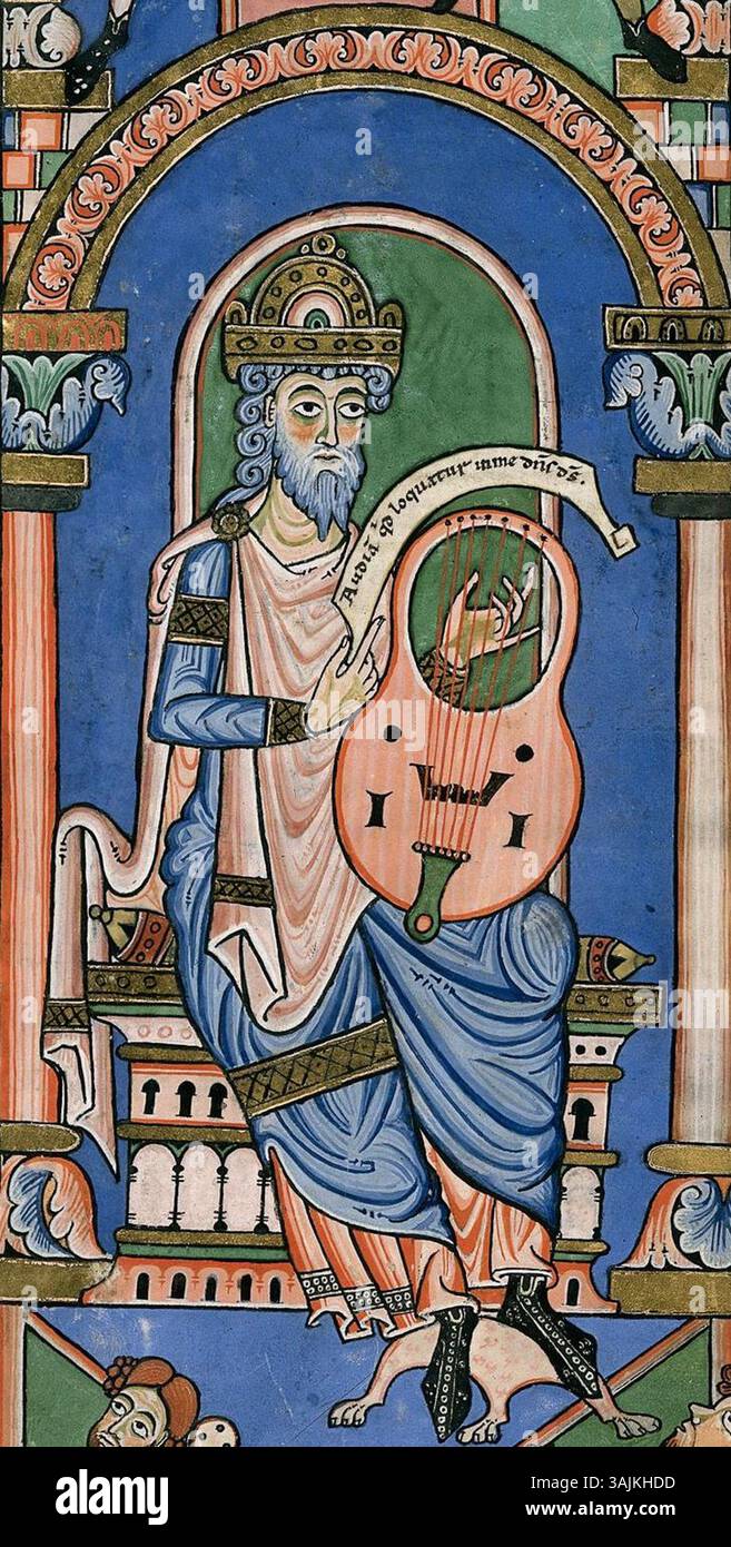 This 12th-century illustration from the *Worms Bible* shows King David playing the lyre. The ...