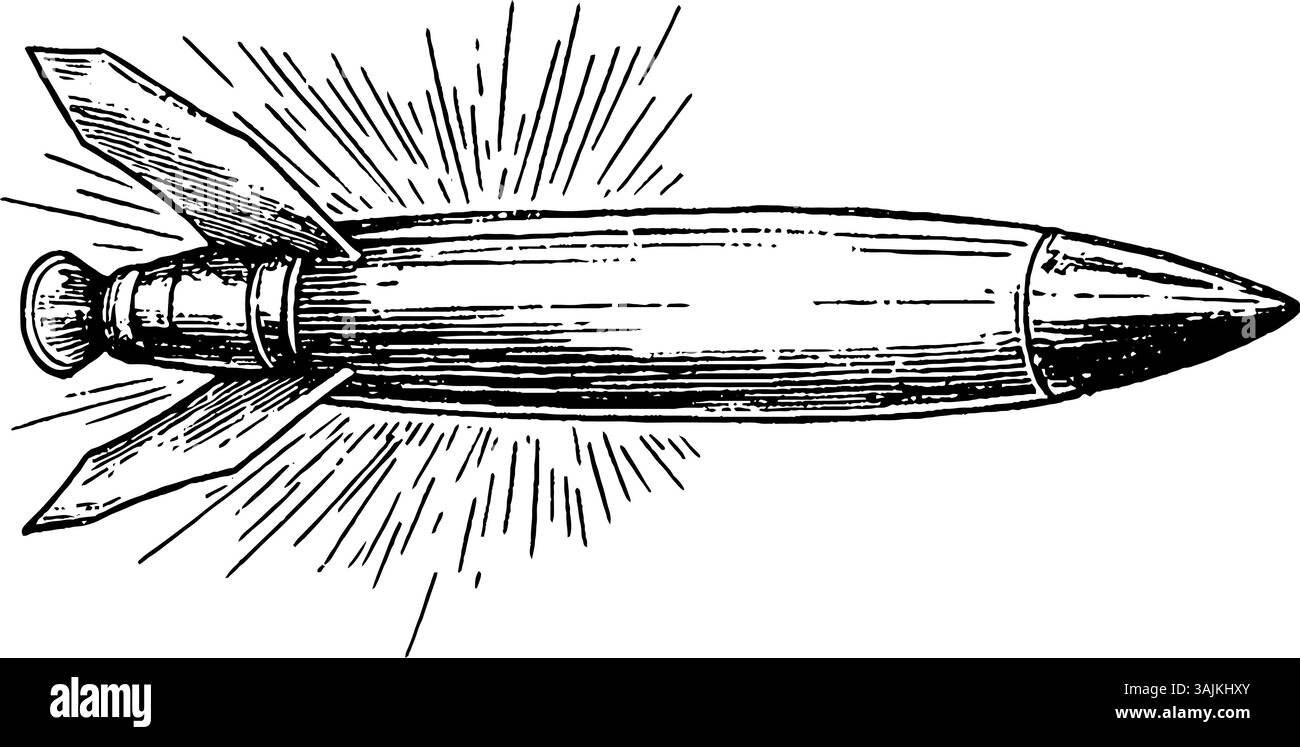 An illustration of a rocket or missile, featuring a pointed nose, fins ...