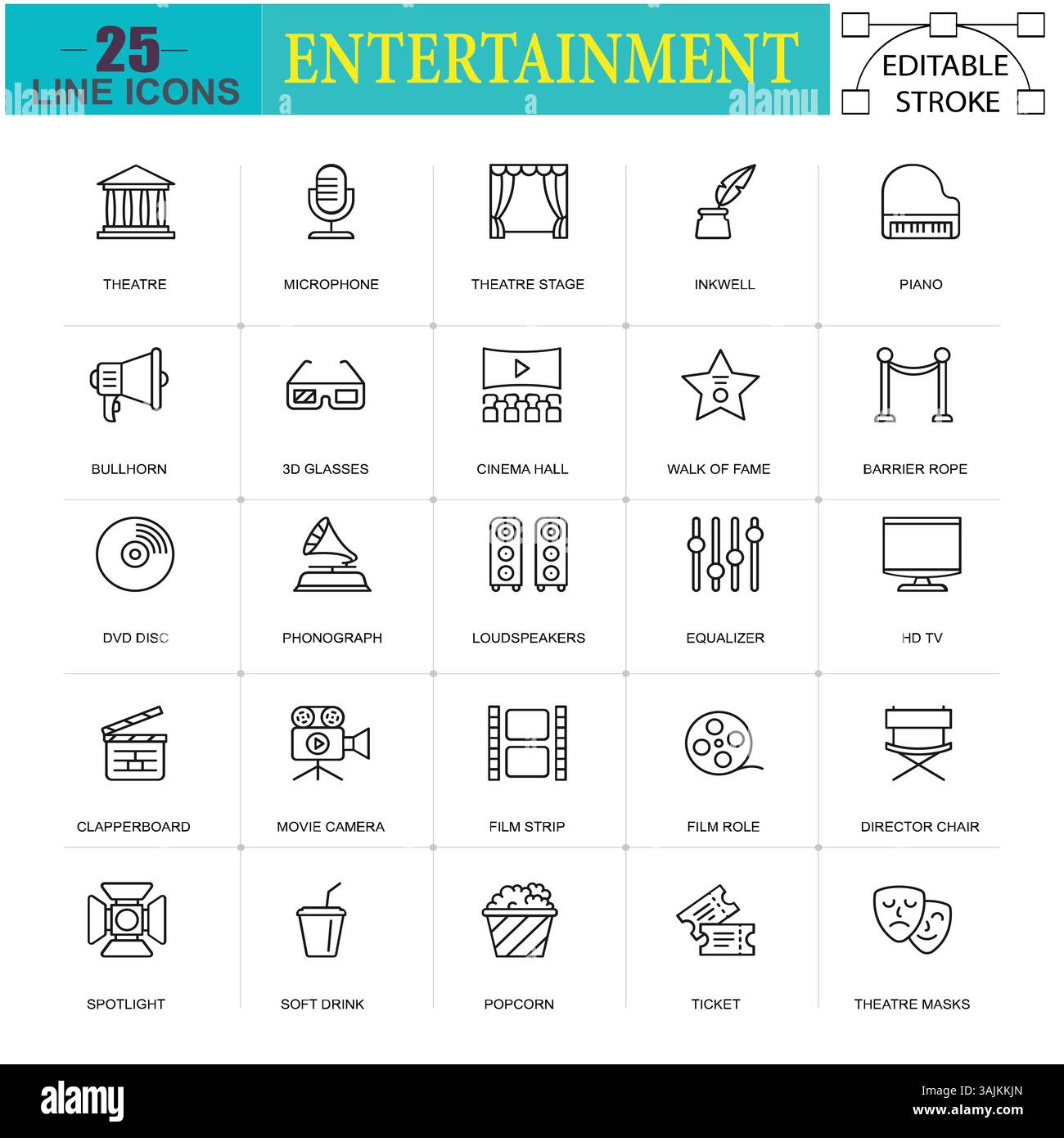 Entertainment Line Icons – Theater, Cinema and Music Symbols for Events ...
